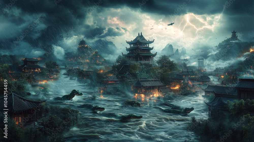 Sea Monsters Emerging from Flooded Waters During a Storm Over a ...