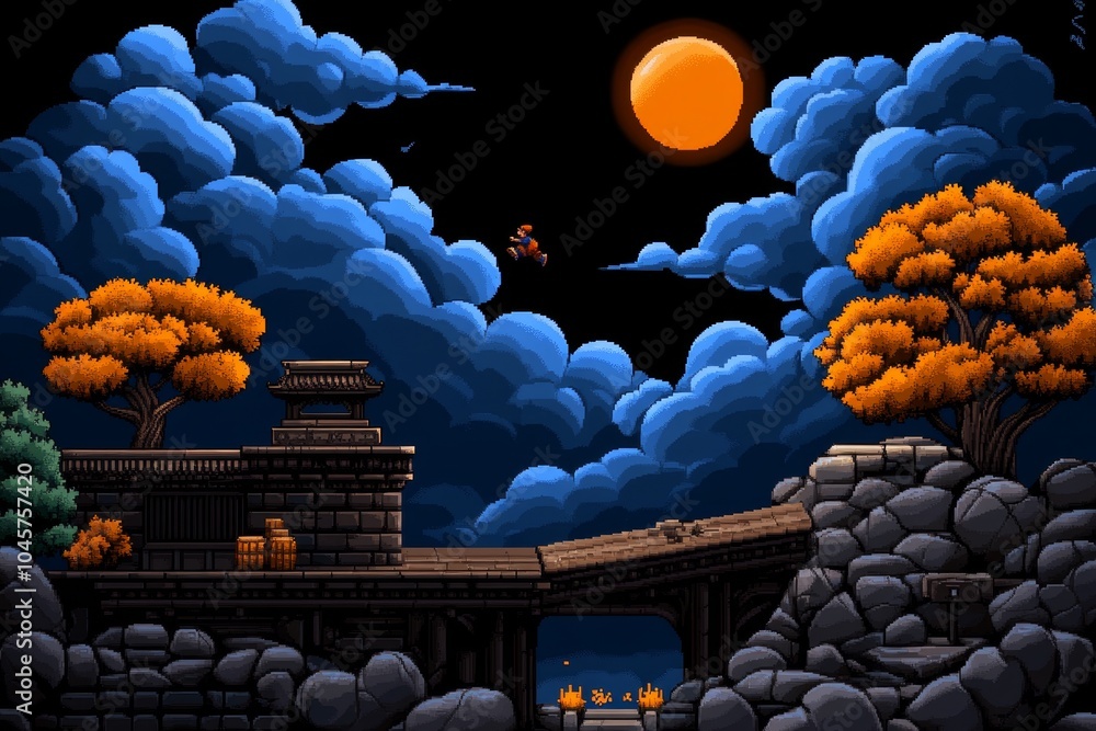 Pixel art of a character jumping over obstacles in a retro game world ...