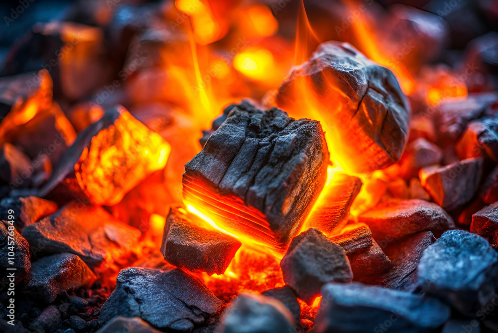 Glowing embers are scattered among dark charcoal, creating a warm ...
