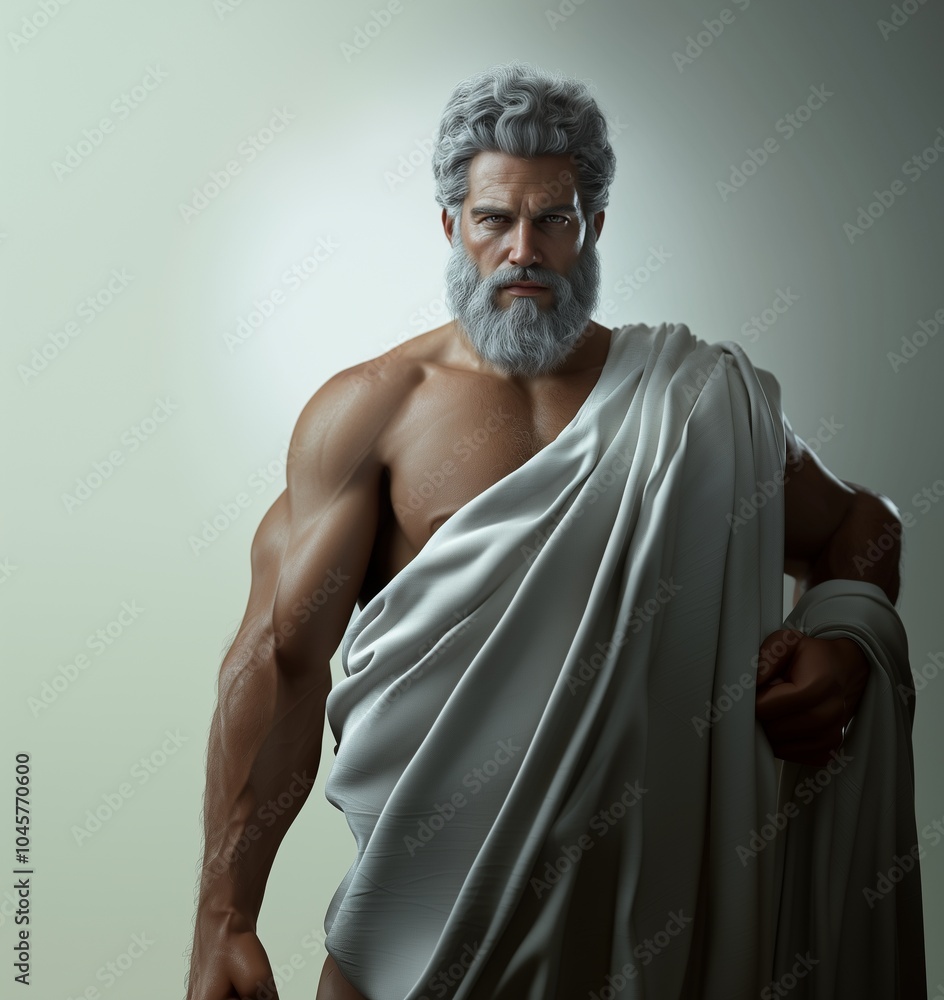 Strong Mature Man in Ancient Greek Attire with White Beard and Muscular ...
