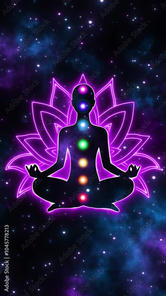 meditation woman pose in the space with lotus animation, neon glowing ...