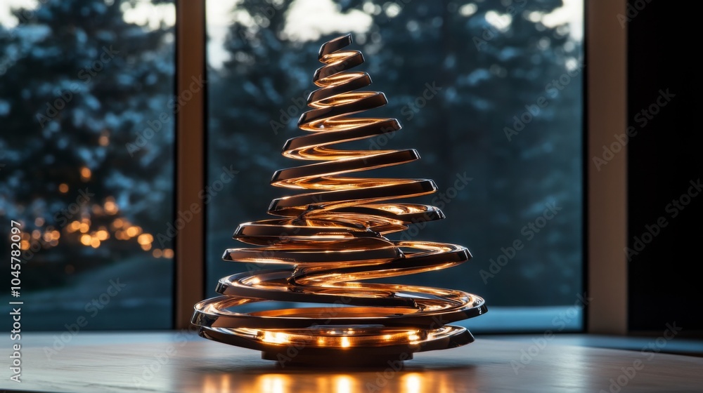 A sleek spiral Christmas tree made of metal glows gently, casting warm ...