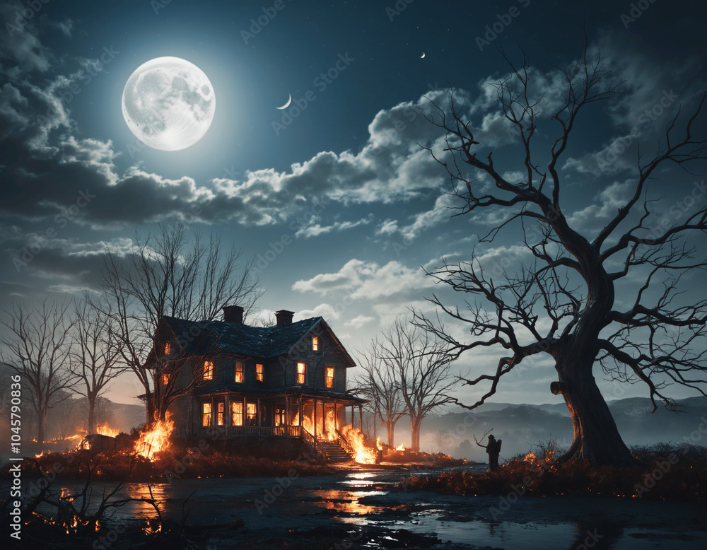 haunted house in the woods under a full moon, with a burning ...
