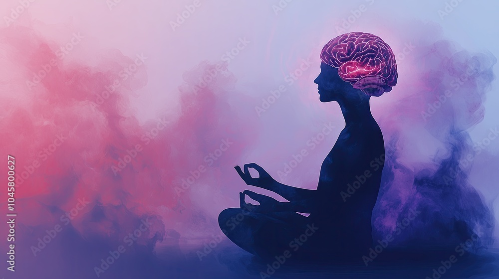 Double exposure of brain and meditation pose. Anatomically accurate ...