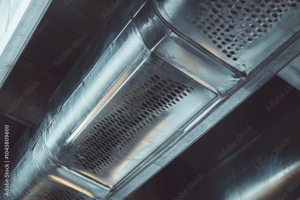 A close-up view of an industrial metal duct showcasing its perforated ...
