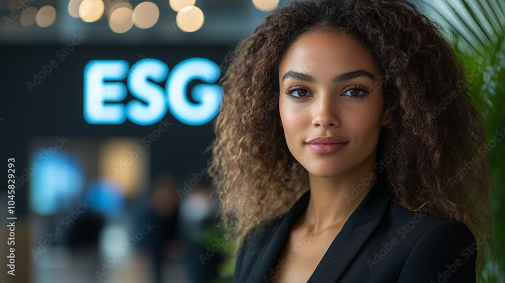 A female CEO standing confidently with "ESG" in the background ...