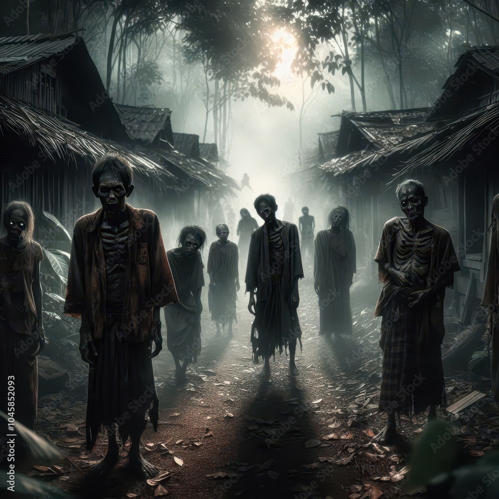 Ai generated illustration villagers look like zombies, torn clothes ...