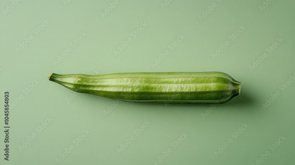 A single green okra is shown against a green background. You can easily ...