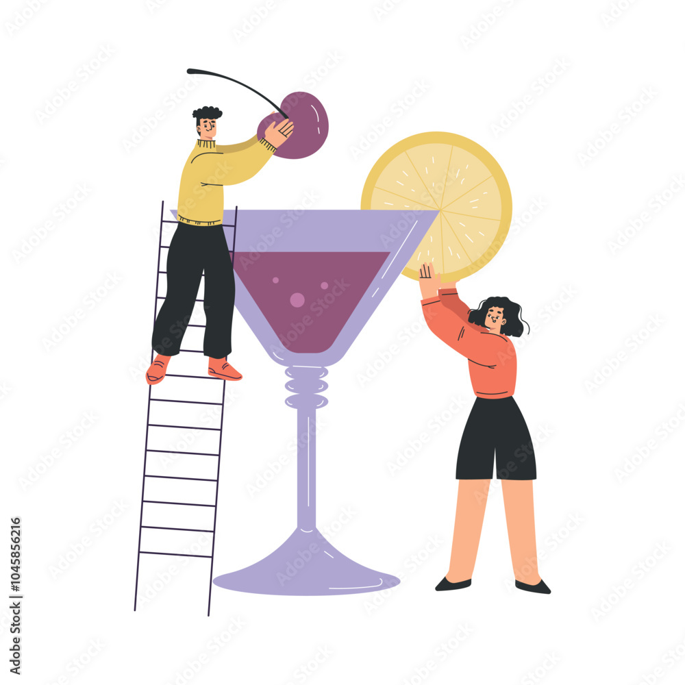 Man and Woman Character with Big Cocktail Glass on Ladder Add Lemon ...