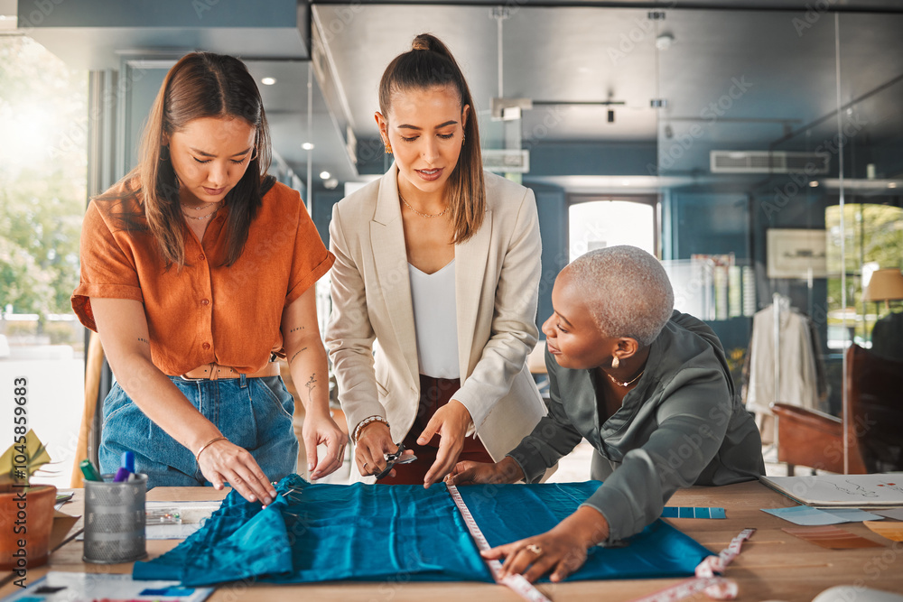 Employees, women and cutting fabric as fashion designer at office with ...