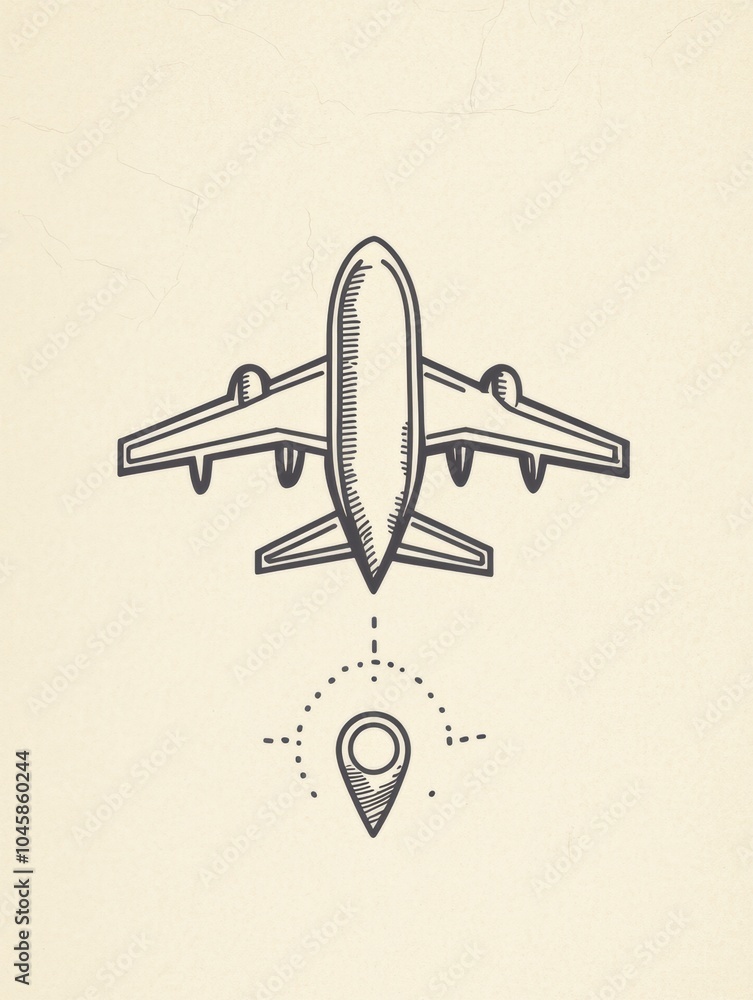 An airplane icon is soaring towards a simple map pin, symbolizing ...
