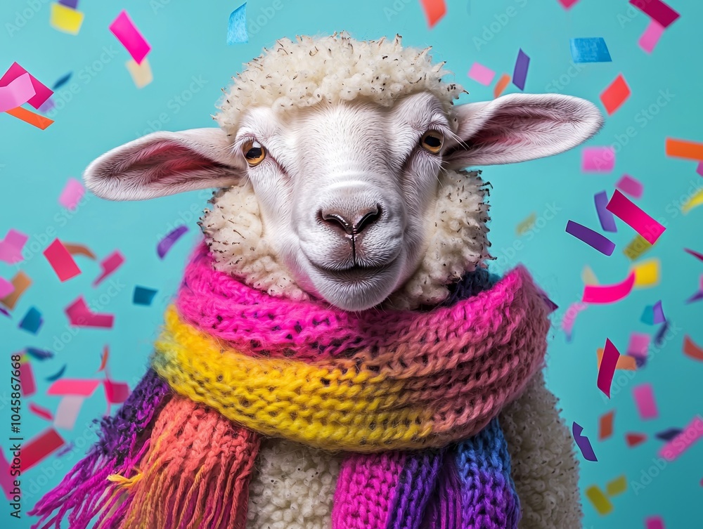 Valais Blacknose sheep wearing scarves, set against a studio background ...