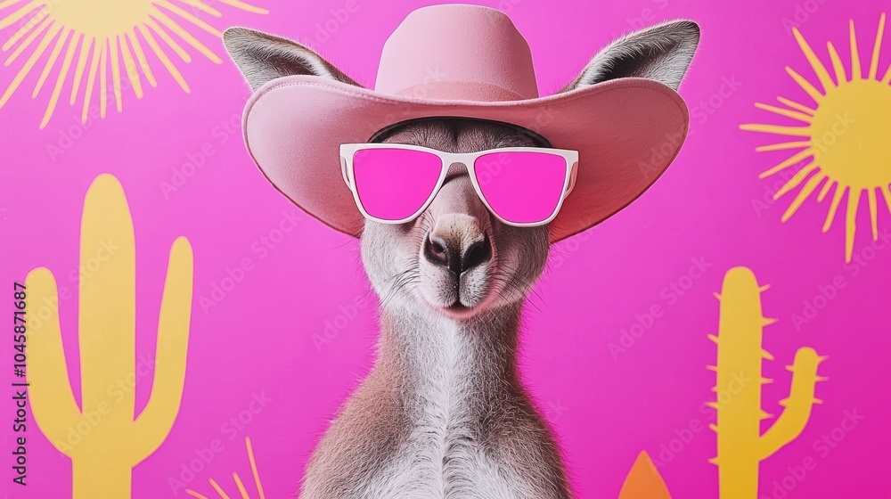 A collage of kangaroos wearing cowboy hats and boots, set against a ...