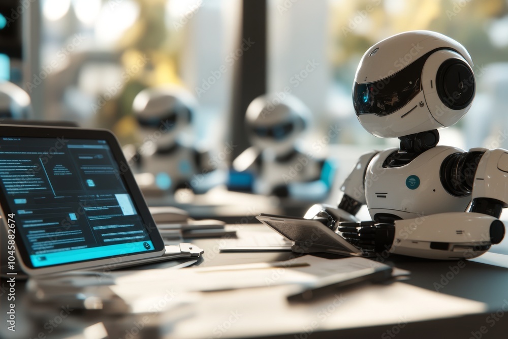 Futuristic Workspace Featuring Advanced Robots Collaborating with Technology, Focusing on a ...