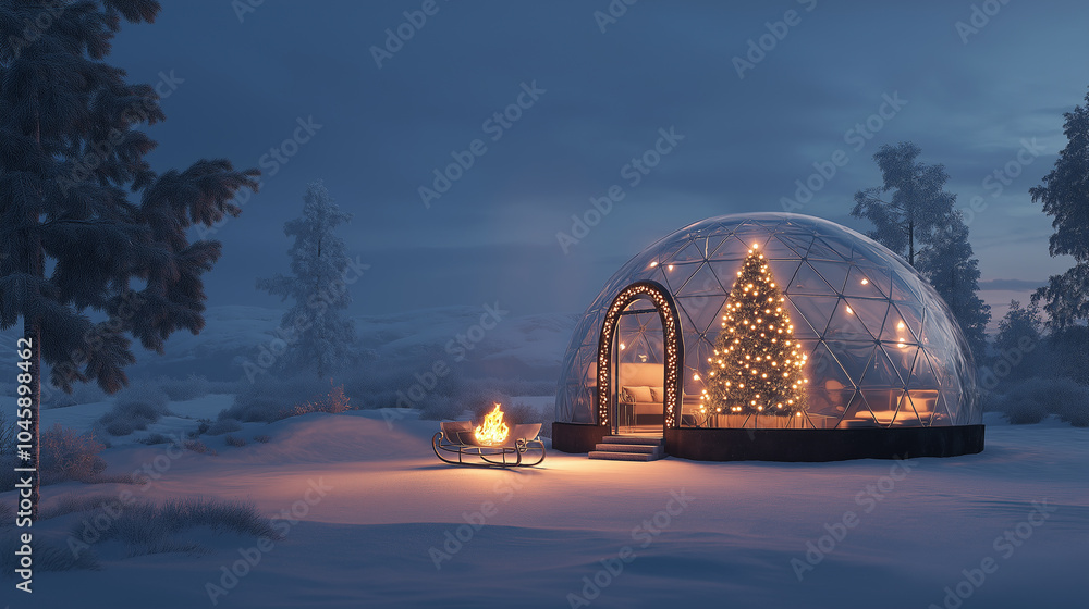 A luxurious glass igloo in a remote Arctic landscape, with panoramic ...