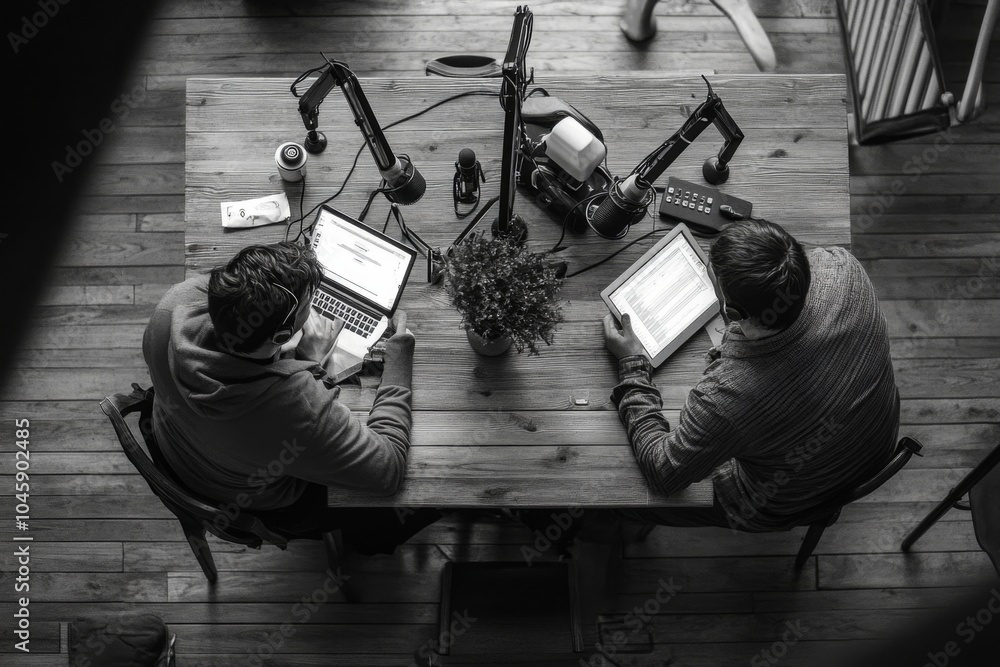 Two Individuals Collaborating on Laptops in a Stylish Workspace ...