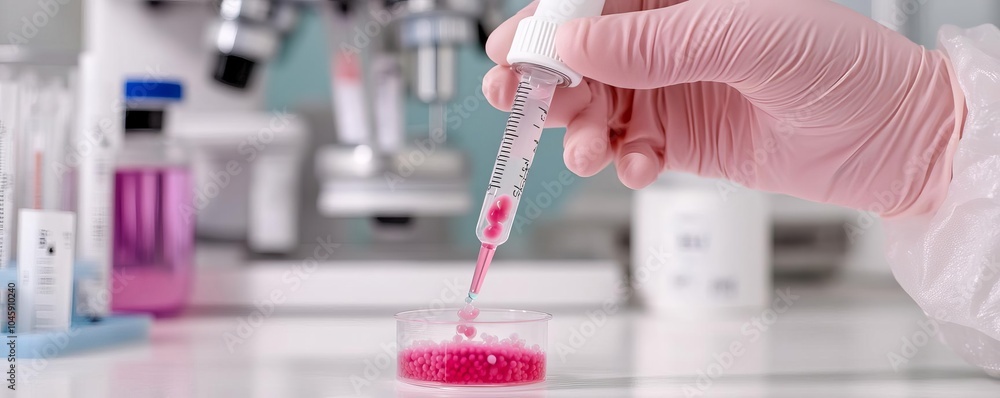 Scientist injecting stem cells into a sample, sterile lab environment ...