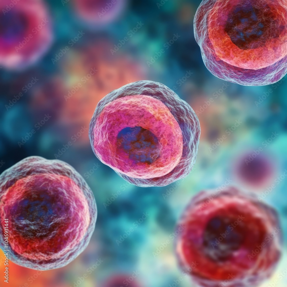 Stem cells interacting with other cells, detailed micrograph with a ...