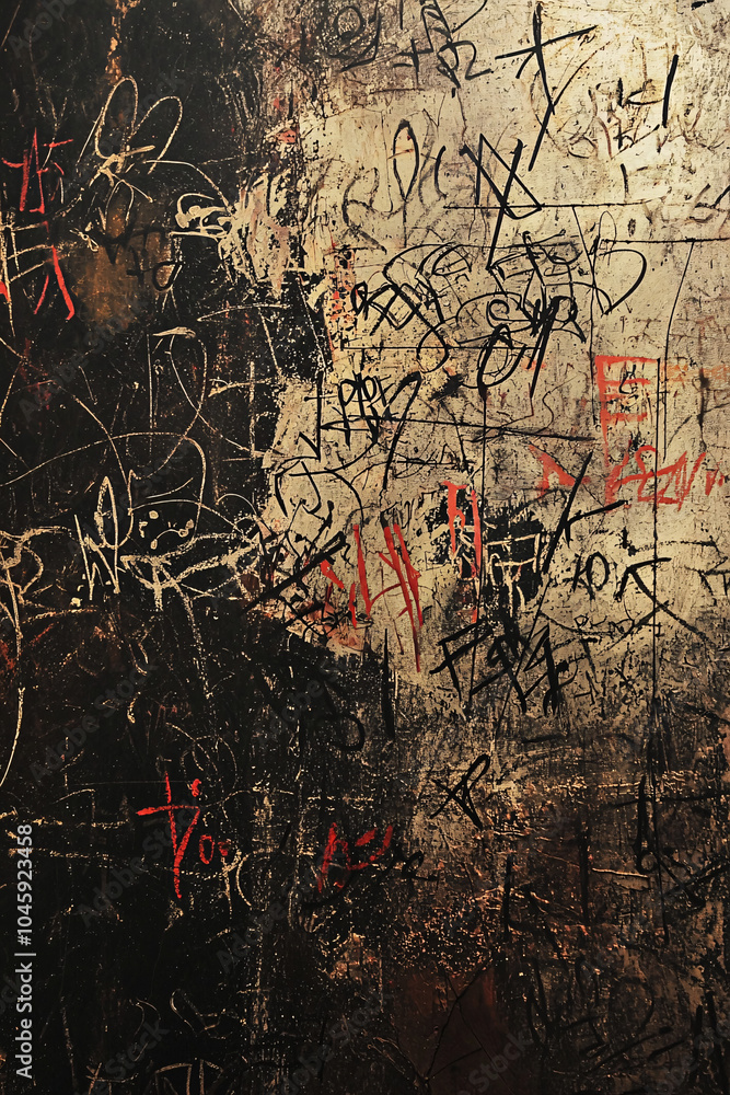 Celestial-style writing and scribbles on a textured wall, blending ...