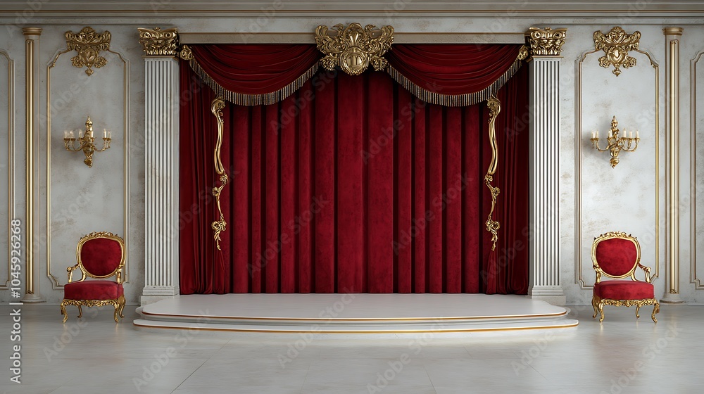 Royal wedding stage with gold accents and red velvet drapery This grand ...