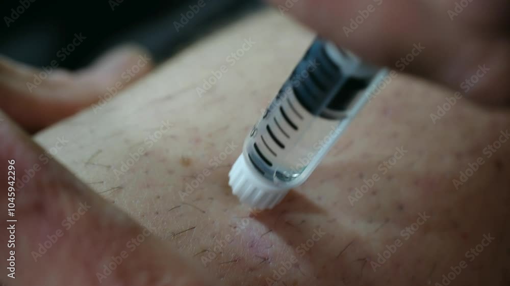Doctor administering an injection into a patient's leg highlights the ...