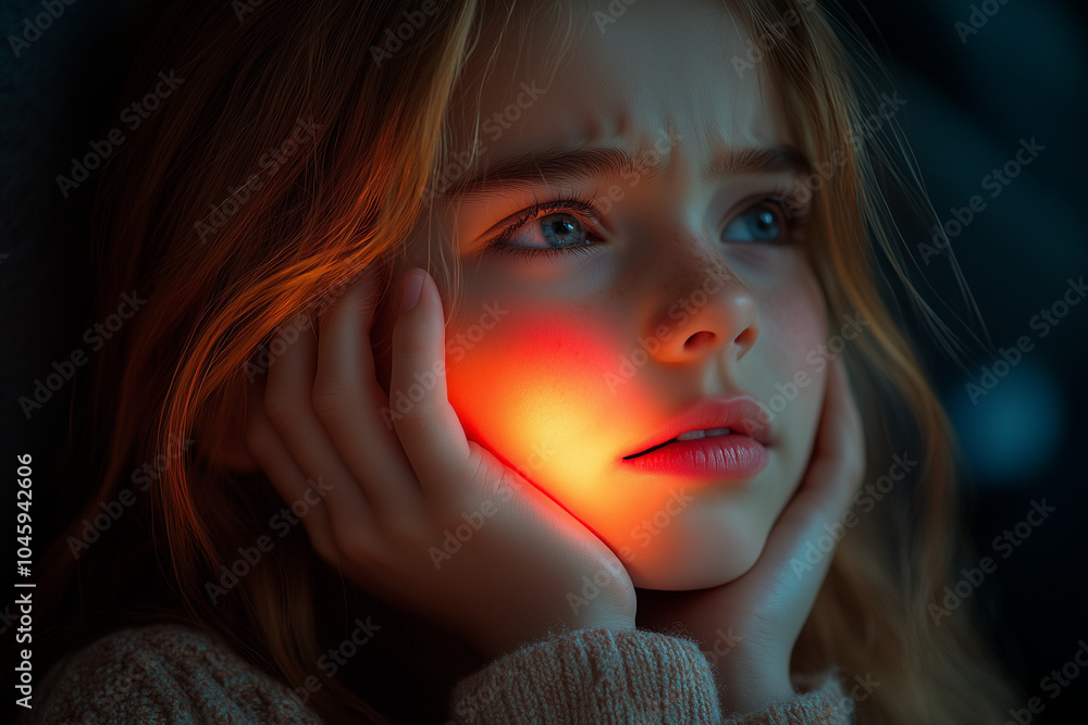 A child pressing on her cheek, with red illuminating toothache pain ...