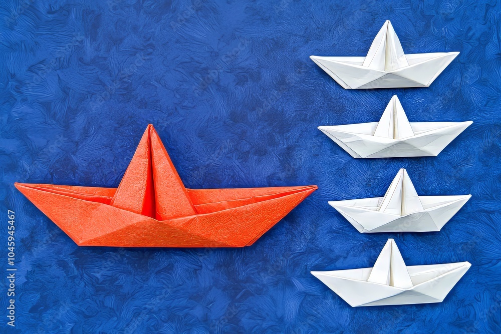 An image showing a group of white paper ships pointing one way and one ...