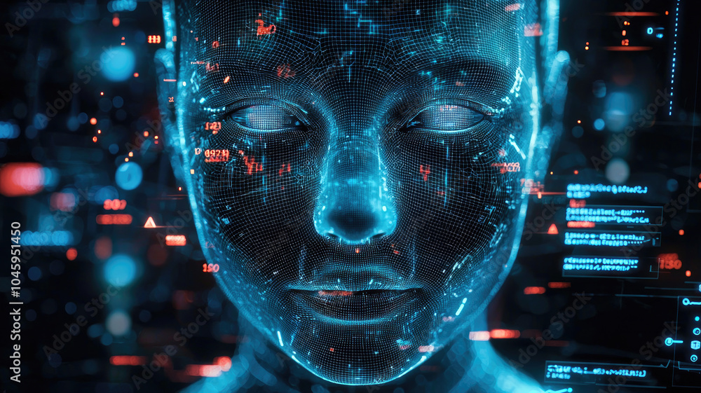Facial recognition technology, human face with digital data on computer ...