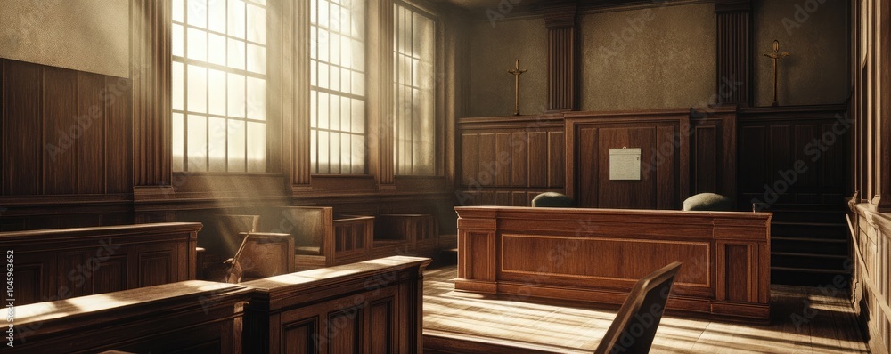 Courtroom interior with empty jury box and wooden furniture ...