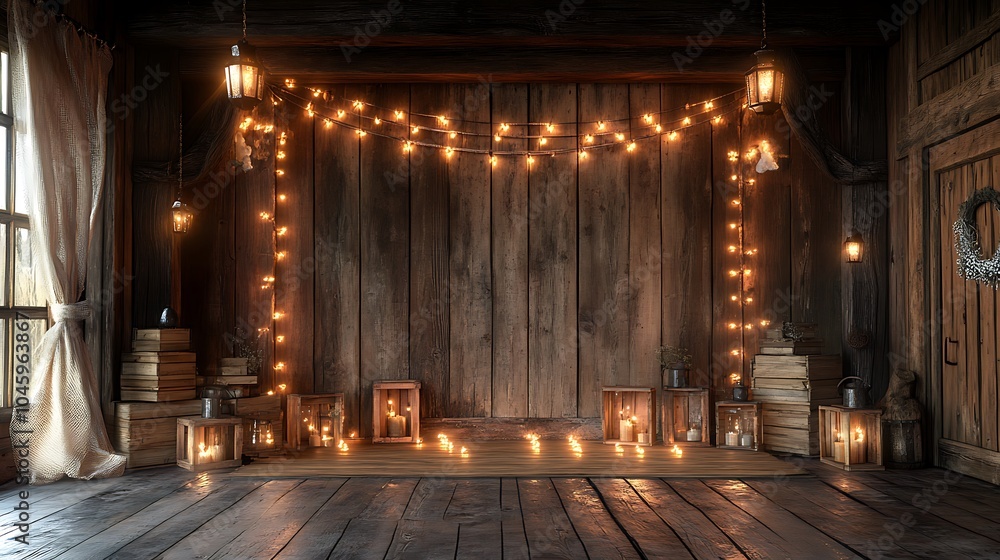 Rustic barn wedding stage with wooden crates and fairy lights A wooden ...