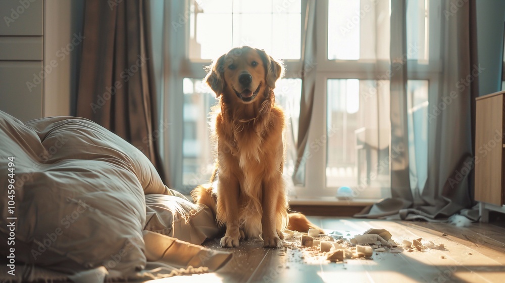 The living room is in disarray, with a guilty dog surrounded by ...
