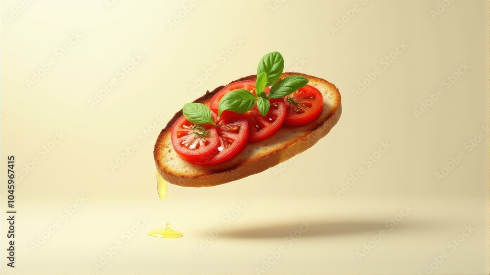 A floating slice of toast topped with fresh tomato slices and basil ...