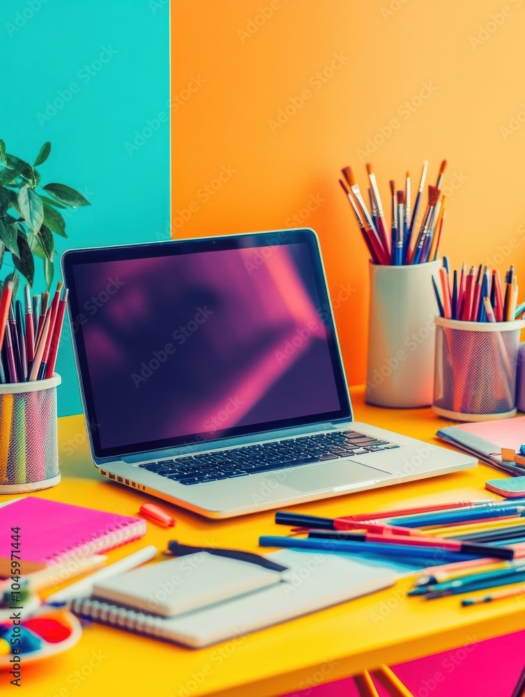 Brightly colored workspace features a laptop surrounded by stationery ...