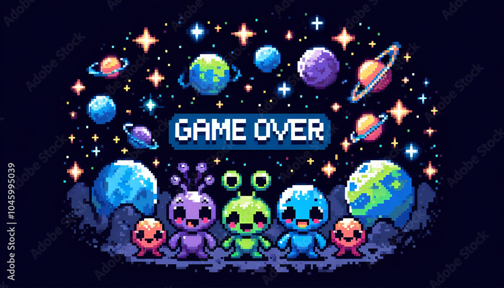 Game over message in a pixel art style with colorful alien characters ...