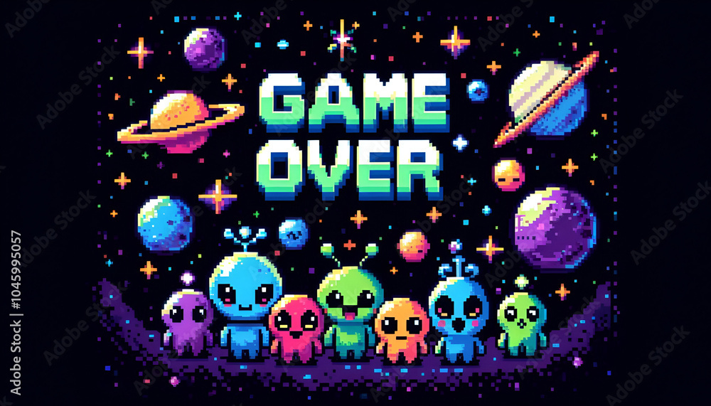 Game over message in a pixel art style with colorful alien characters ...