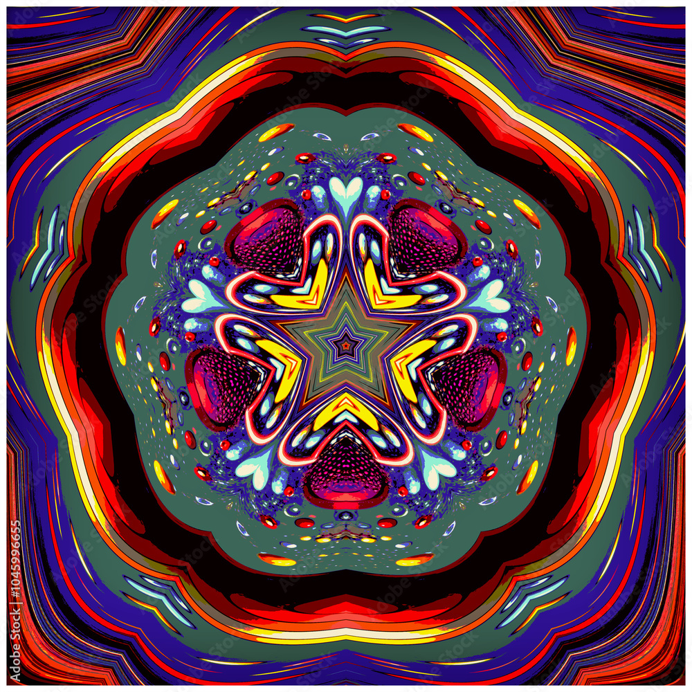 A vibrant kaleidoscope pattern is displayed with symmetrical shapes and ...