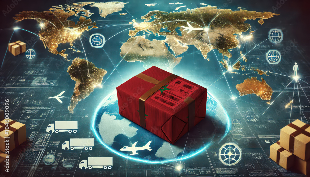 A Morocco flag-wrapped package sits on a glowing map of the world ...