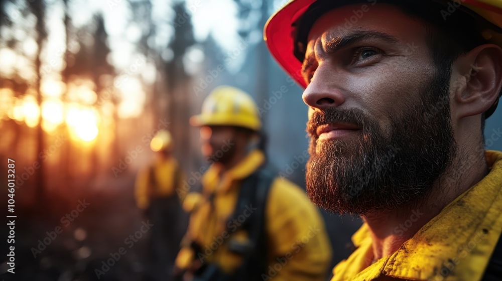 A firefighter clad in yellow protective gear faces a blazing forest ...