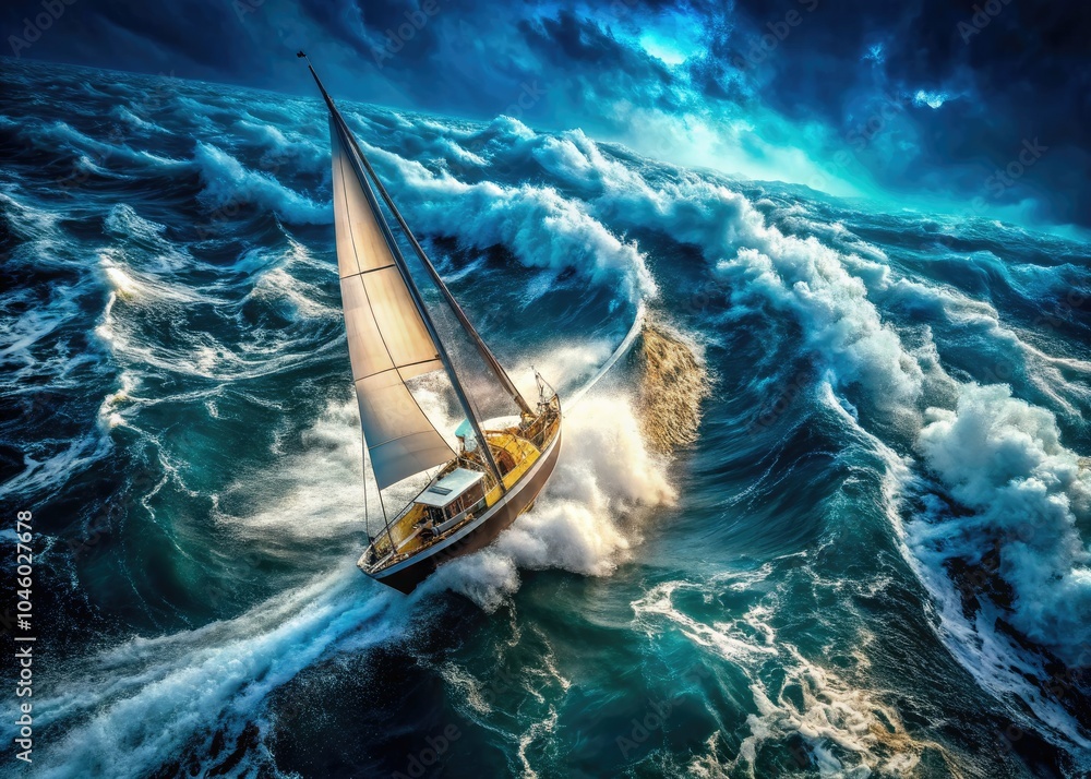 Through violent waves and lashing rain, a sailboat courageously surges ...