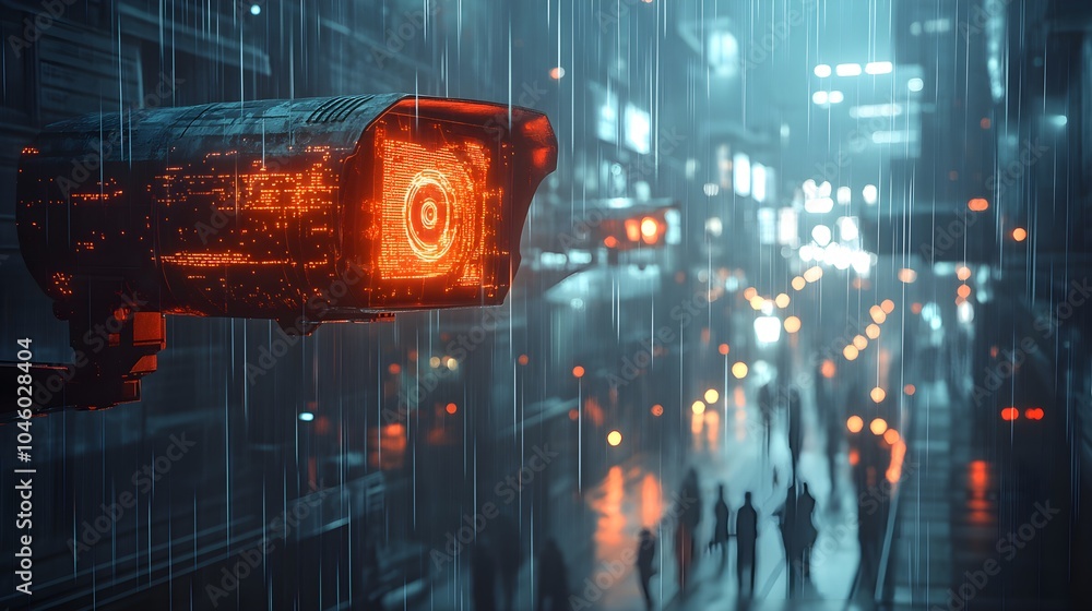 Futuristic surveillance camera hovering with holographic interfaces ...