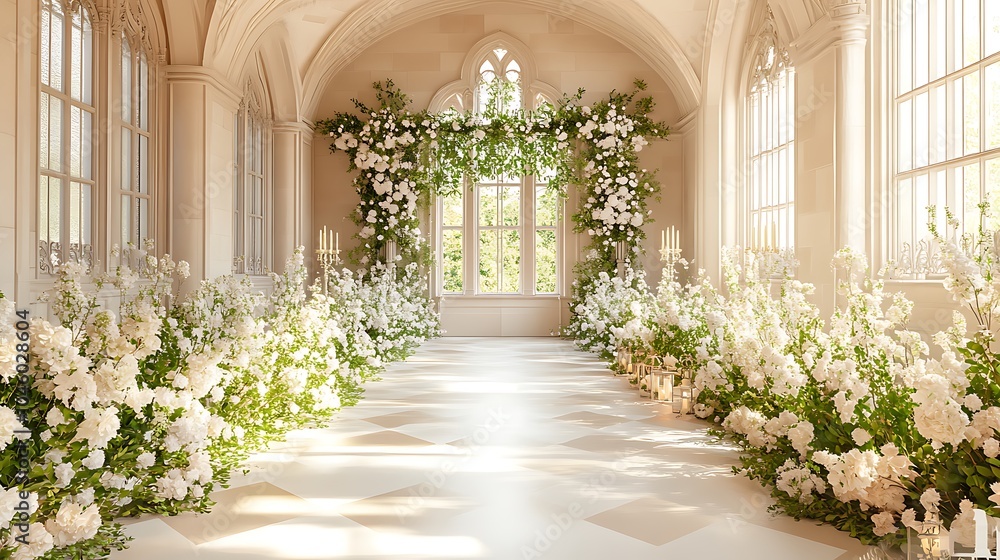 Fairy-tale castle wedding stage with turrets and cascading flowers A ...