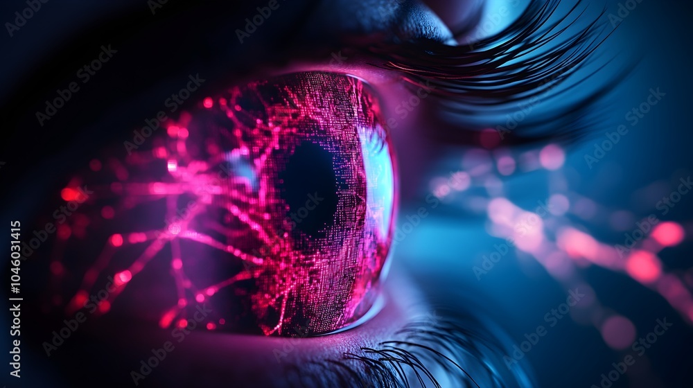 An eye with disintegrating puzzle pieces morphing into geometric neural ...