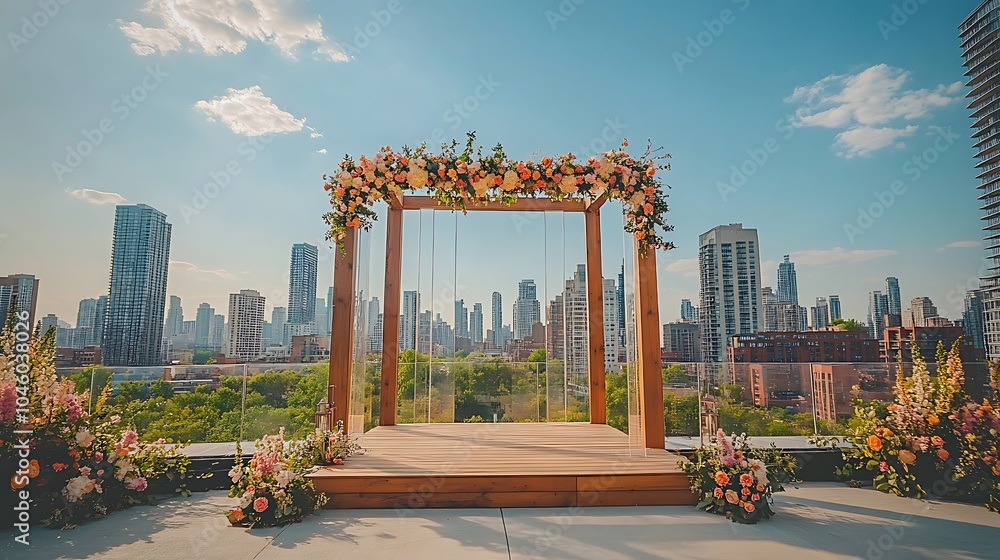 Photo & Art Print Chic rooftop wedding stage with city skyline backdrop ...