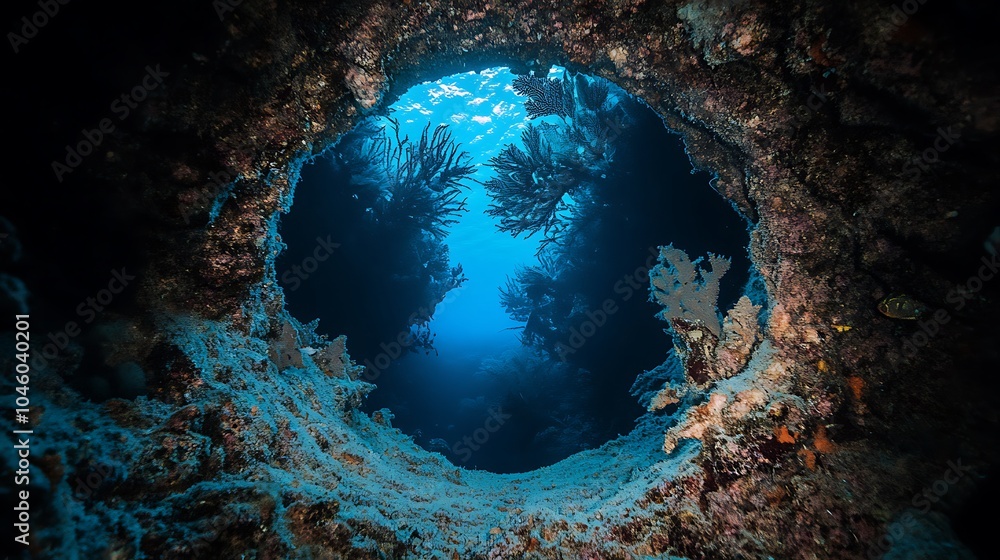 A circular opening in a coral reef reveals a view of the ocean beyond ...
