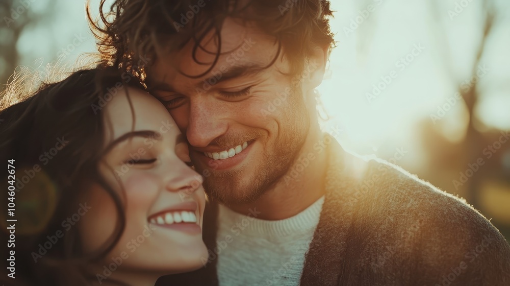 An affectionate couple shares a heartwarming smile in the glowing light ...