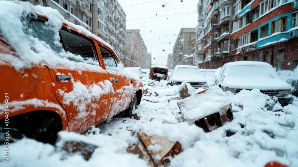 An urban street scene blanketed in snow, featuring parked vehicles ...