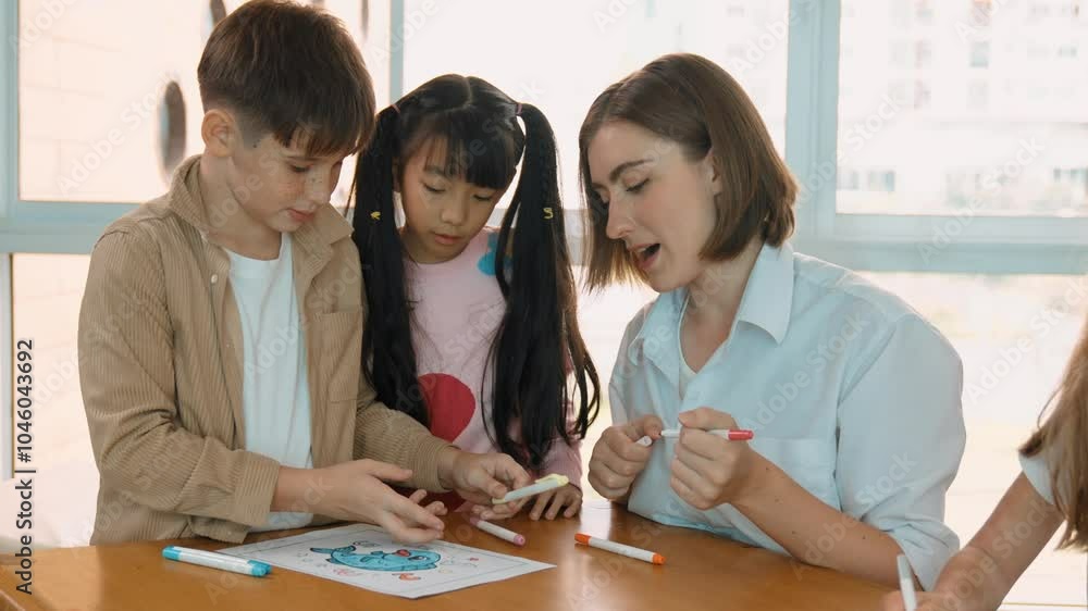 Panorama shot of happy diverse student and smart teacher drawing and ...