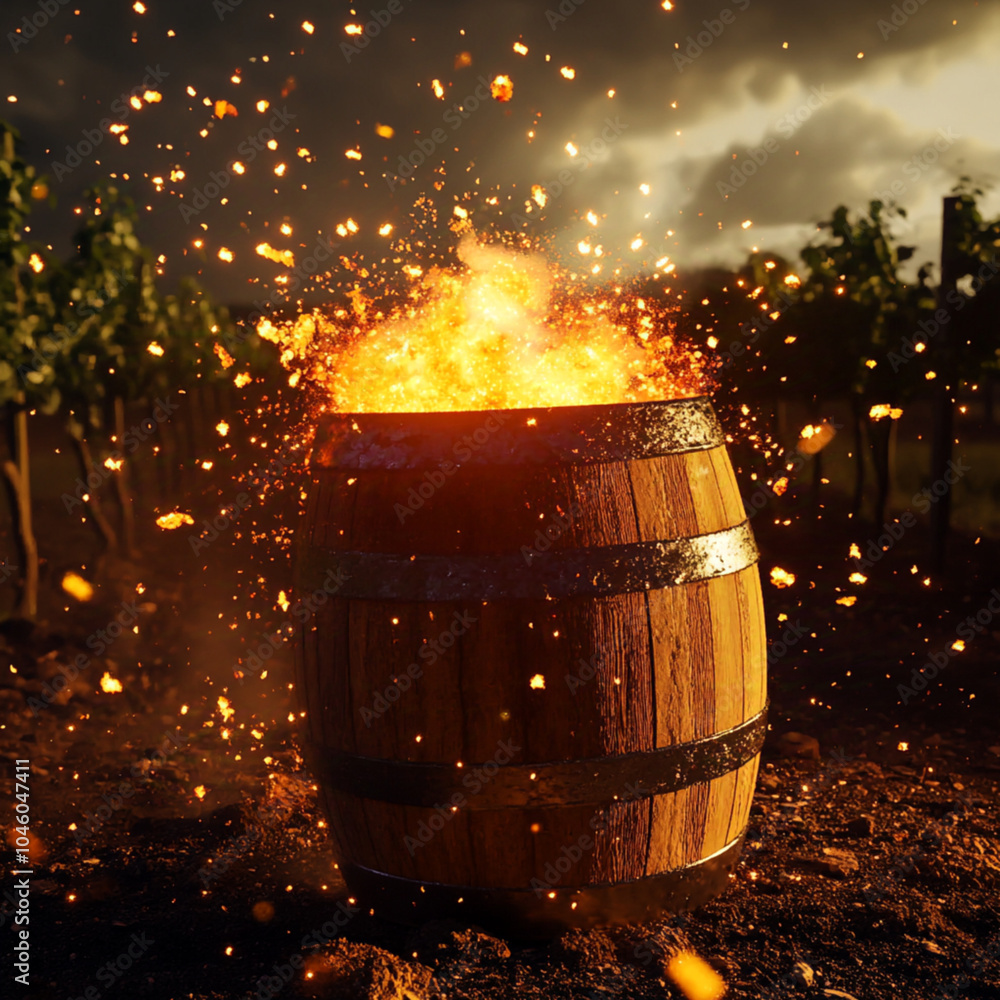 explosion of a wine barrel with orange liquid coming out, dark ...