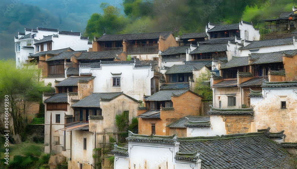 Spring scenery in Huling ancient village, combined with the natural ...