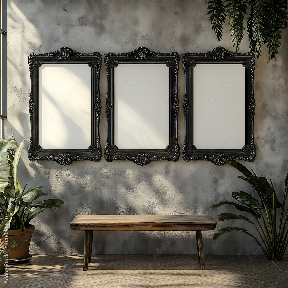 3 picture frames on a wall The picture frames have an ornate black ...